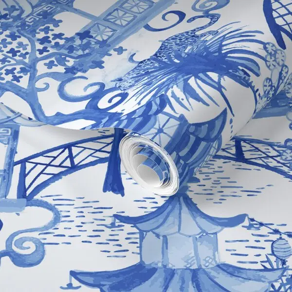 Spoonflower Leopard Pagoda Chinoiserie Blue White Asian Art Custom Pre-pasted Wallpaper - Blue,white