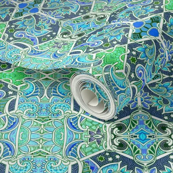Spoonflower Hexagon Paisley Cool Colors Stars Dots Filigree Custom Removable Wallpaper - Mint,blue,green