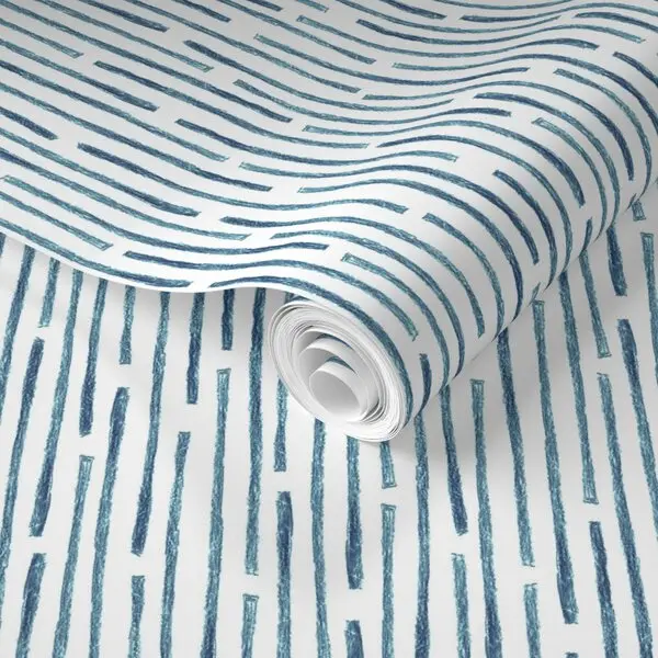 Spoonflower White Stripe Blue Navy Vertical Crayon Trendy1 Traditional Wallpaper - Blue,gray