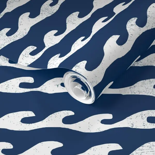 Spoonflower Surf White Navy Water Ocean Waves Summer Nautical Traditional Wallpaper - Blue,white,navy