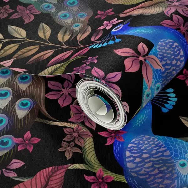 Spoonflower Black Leaves Floral Nature Birds Animal Peacock Traditional Wallpaper - Black,pink,purple