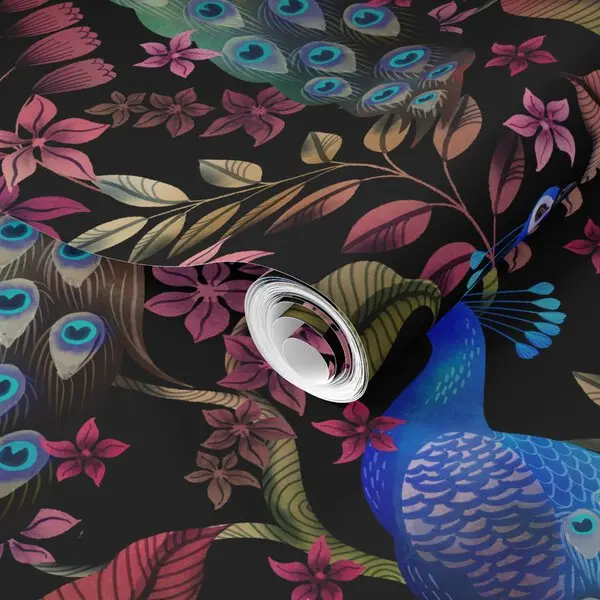 Spoonflower Black Leaves Floral Nature Birds Animal Peacock Traditional Wallpaper - Black,pink,purple
