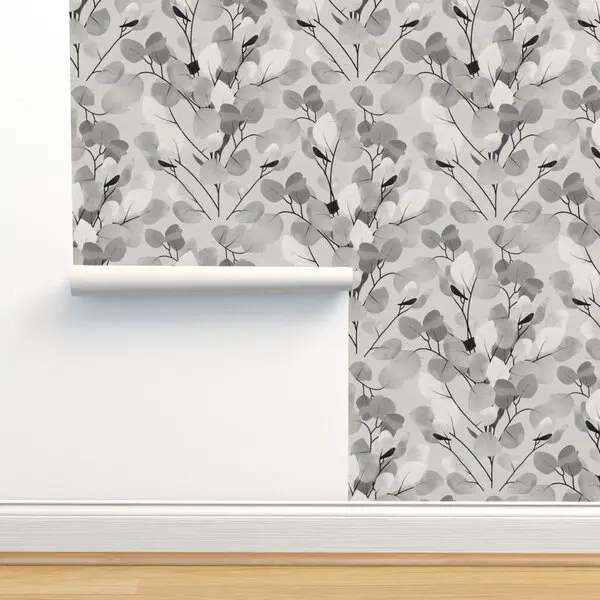 Spoonflower Silver Dollar Eucalyptus Monochrome Black White 100% Natural Sisal Grasscloth Wallcovering