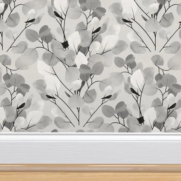 Spoonflower Silver Dollar Eucalyptus Monochrome Black White 100% Natural Sisal Grasscloth Wallcovering