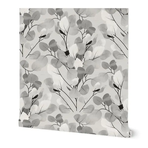 Spoonflower Silver Dollar Eucalyptus Monochrome Black White 100% Natural Sisal Grasscloth Wallcovering