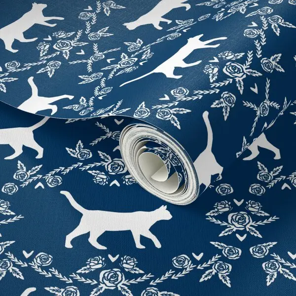 Spoonflower Cat Cats Pattern Silhouette Florals Floral Custom Removable Wallpaper - Navy,blue