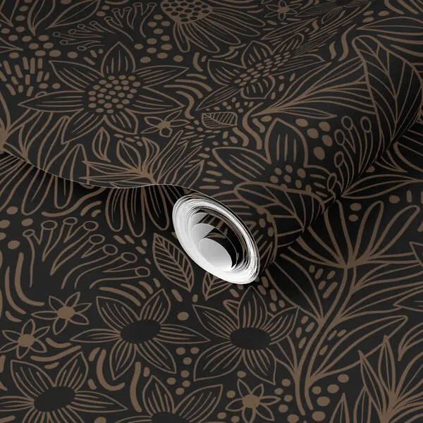 Spoonflower Black Flowers Leaves Floral Gold Fresh Subtle Custom Pre-pasted Wallpaper - Black,brown