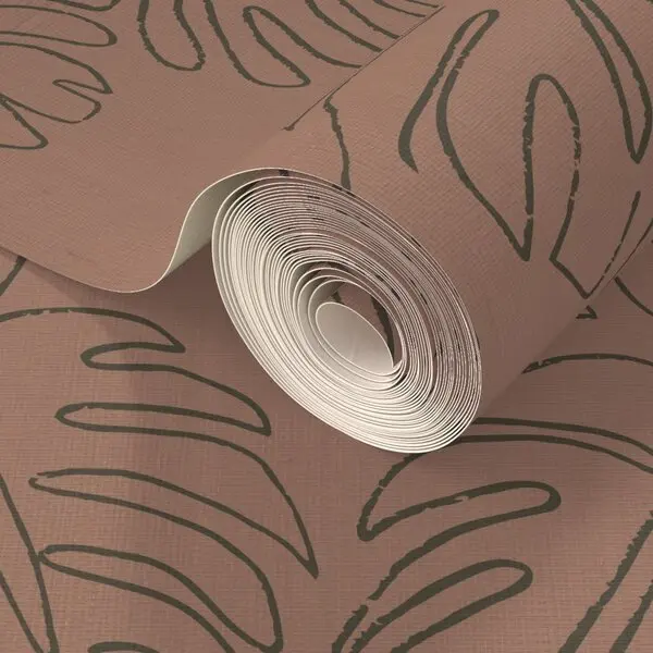 Spoonflower Troppo Monstera Single Line Elle Deep Tan 100% Natural Sisal Grasscloth Wallcovering - Brown,tan