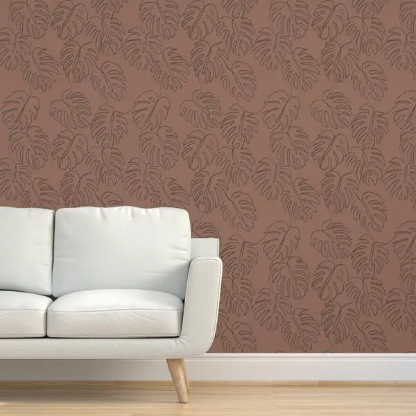 Spoonflower Troppo Monstera Single Line Elle Deep Tan 100% Natural Sisal Grasscloth Wallcovering
