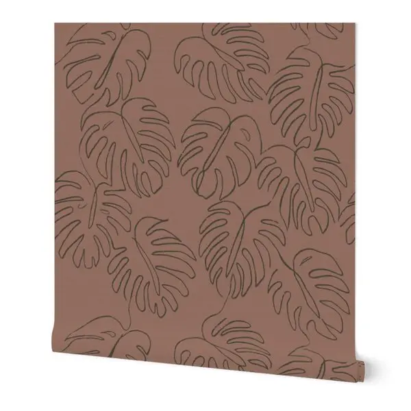 Spoonflower Troppo Monstera Single Line Elle Deep Tan 100% Natural Sisal Grasscloth Wallcovering