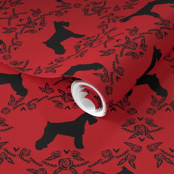 Spoonflower Dog Floral Dogs Pet Red And Black Schnauzer Custom Pre-pasted Wallpaper - Red,black
