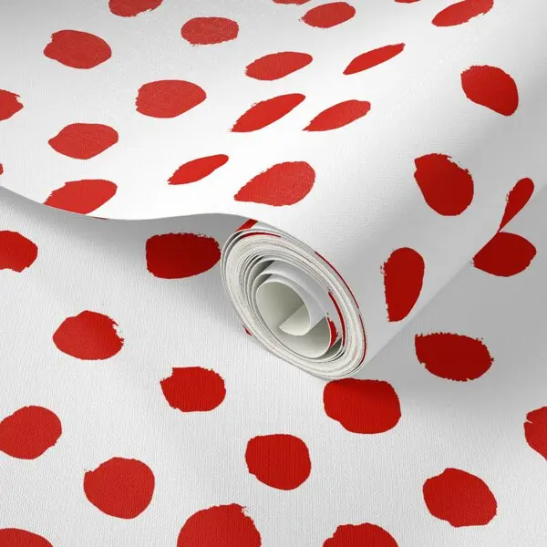 Spoonflower Red Scattered Polka Dots Custom Pre-pasted Wallpaper - Red,white,gray