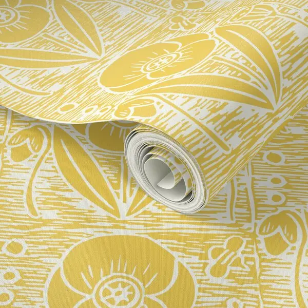 Spoonflower Poppy Wild Flower Floral Summer Gold Yellow Custom Pre-pasted Wallpaper - Yellow,white,brown