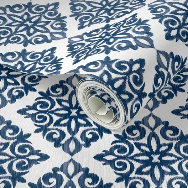 Spoonflower Modern Damask Navy White Blue French Ikat Diamond Custom Removable Wallpaper - Blue,white,gray