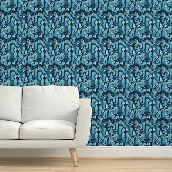 Spoonflower Under The Sea Navy 100% Natural Sisal Grasscloth Wallcovering