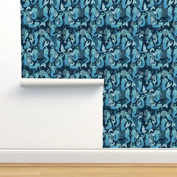 Spoonflower Under The Sea Navy 100% Natural Sisal Grasscloth Wallcovering