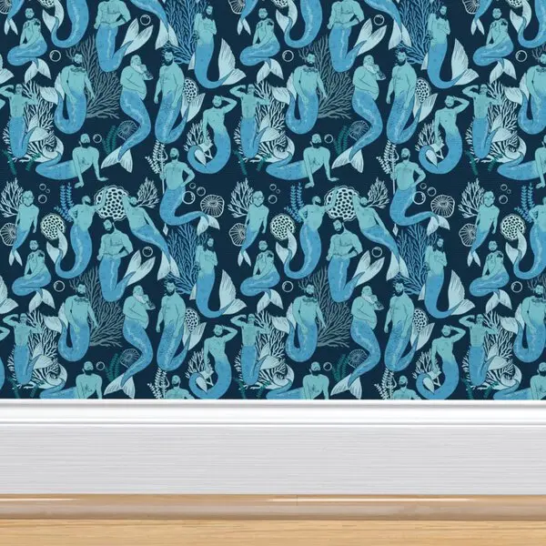 Spoonflower Under The Sea Navy 100% Natural Sisal Grasscloth Wallcovering