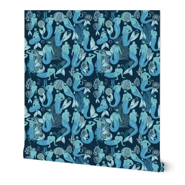 Spoonflower Under The Sea Navy 100% Natural Sisal Grasscloth Wallcovering