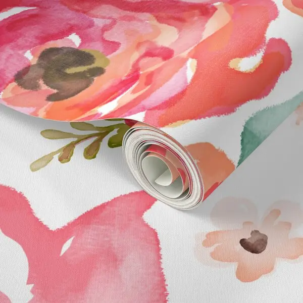 Spoonflower Floral Dreams Florals Space Flowers Peach Pink Custom Removable Wallpaper - Pink,green,white