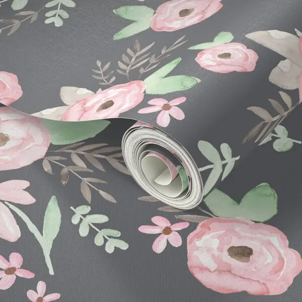 Spoonflower Floral Charcoal Dark Eucalyptus Pink Nursery Custom Removable Wallpaper - Gray,pink,blue