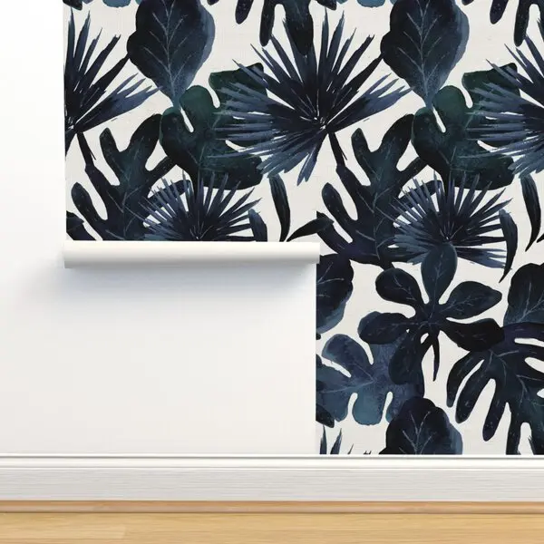 Spoonflower Tropical Leaves Midnight + 100% Natural Sisal Grasscloth Wallcovering