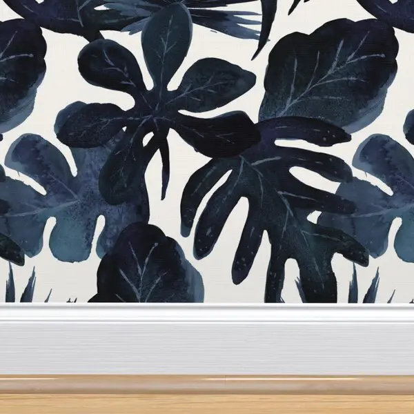 Spoonflower Tropical Leaves Midnight + 100% Natural Sisal Grasscloth Wallcovering