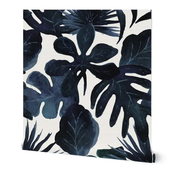 Spoonflower Tropical Leaves Midnight + 100% Natural Sisal Grasscloth Wallcovering