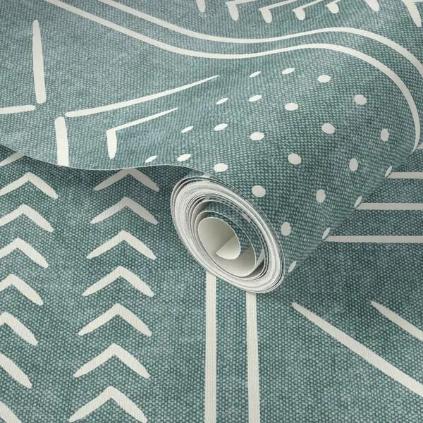 Spoonflower Trendy Tribal Mud Cloth Bohemian Boho Mudcloth Custom Pre-pasted Wallpaper - Teal,gray,blue