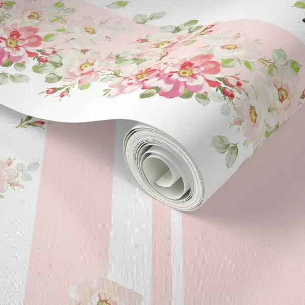 Spoonflower Flowers Stripes Border Bees Pink Roses Mom Shabby Traditional Wallpaper - Pink,brown,gray