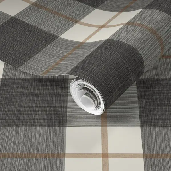 Spoonflower Black Stripe Cream Plaid Country Brown Gingham Custom Pre-pasted Wallpaper - Black,brown,gray