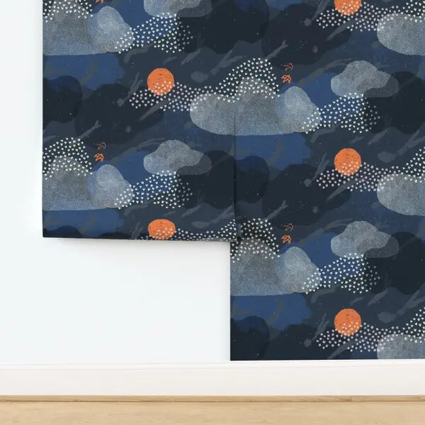 Spoonflower Chinese Dark Blue Clouds Nature Outdoors Foliage Custom Pre-pasted Wallpaper