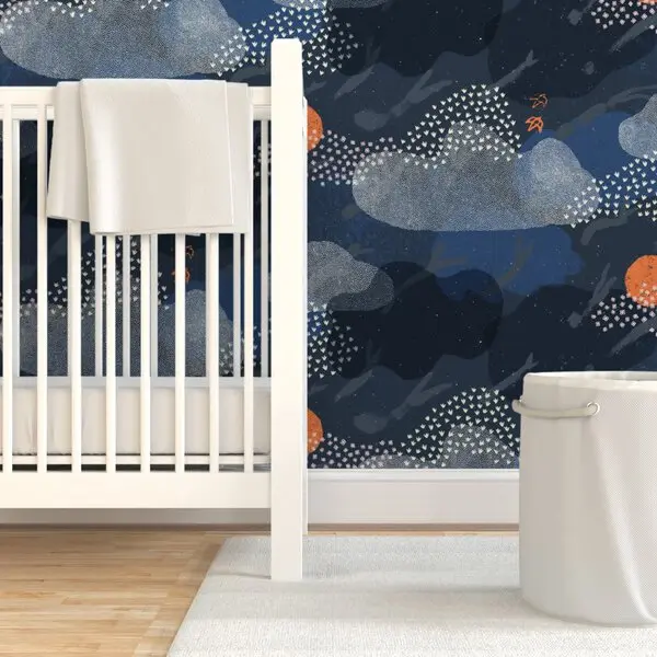 Spoonflower Chinese Dark Blue Clouds Nature Outdoors Foliage Custom Pre-pasted Wallpaper