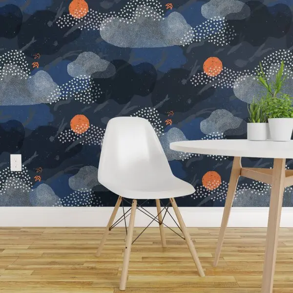 Spoonflower Chinese Dark Blue Clouds Nature Outdoors Foliage Custom Pre-pasted Wallpaper