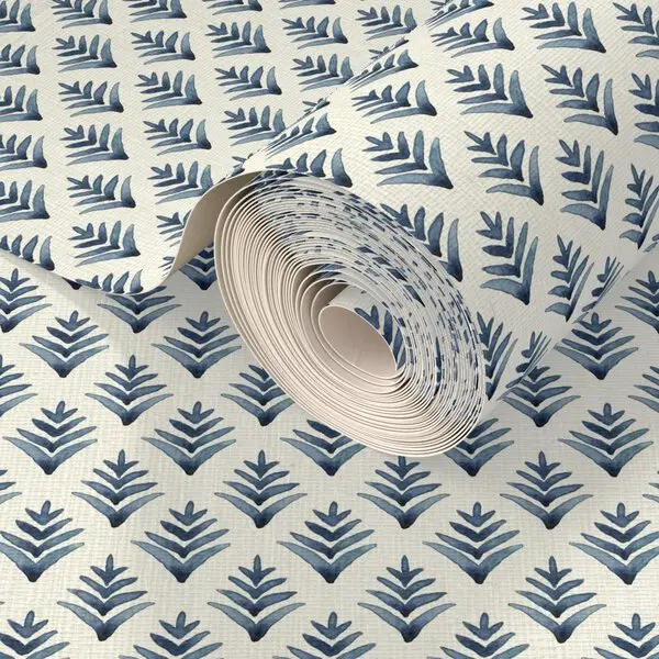 Spoonflower Pinecone Indigo Cream Blue Leaf Navy Palm 100% Natural Sisal Grasscloth Wallcovering - Blue,white,navy