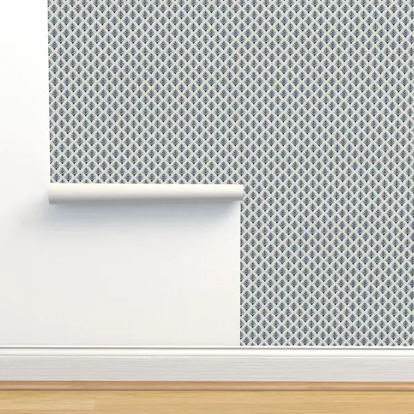 Spoonflower Pinecone Indigo Cream Blue Leaf Navy Palm 100% Natural Sisal Grasscloth Wallcovering - Blue,white,navy