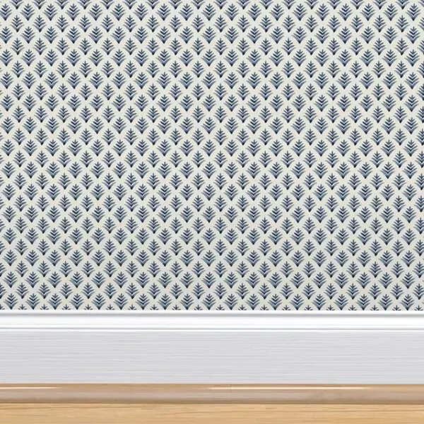 Spoonflower Pinecone Indigo Cream Blue Leaf Navy Palm 100% Natural Sisal Grasscloth Wallcovering - Blue,white,navy