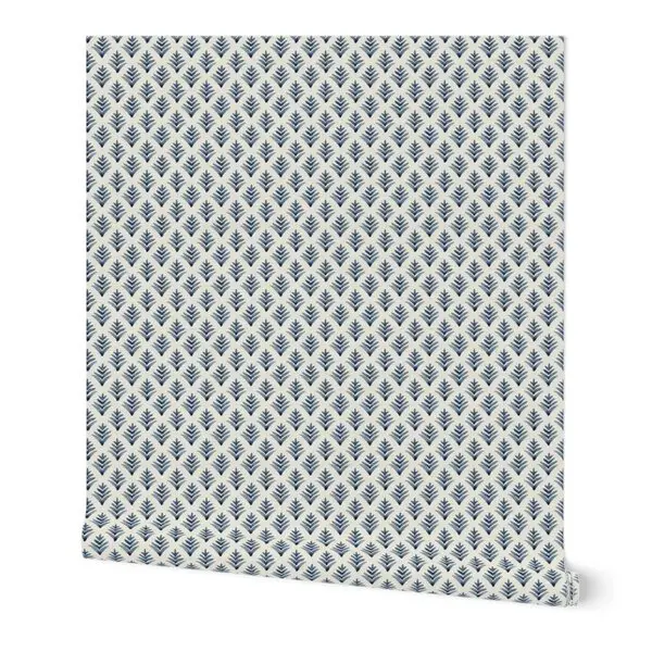 Spoonflower Pinecone Indigo Cream Blue Leaf Navy Palm 100% Natural Sisal Grasscloth Wallcovering - Blue,white,navy