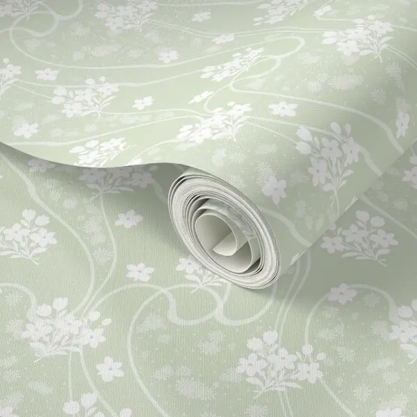 Spoonflower Green And White Vintage Daisies Flowers Floral Custom Pre-pasted Wallpaper - Green,gray