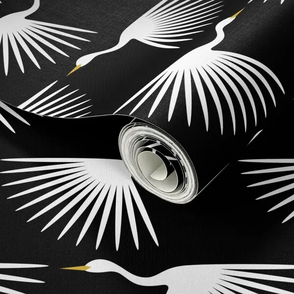 Spoonflower Bird Nature Modern Gold Art Custom Pre-pasted Wallpaper - Black,white,gray