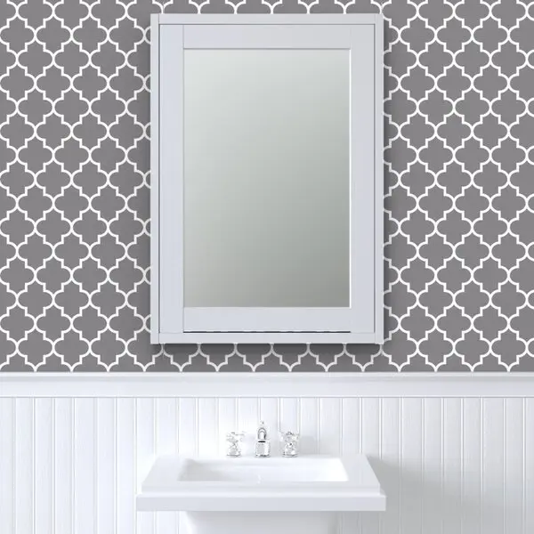 Spoonflower Grey Moroccan Lattice Trellis Quatrefoil Granite Custom Pre-pasted Wallpaper - Gray
