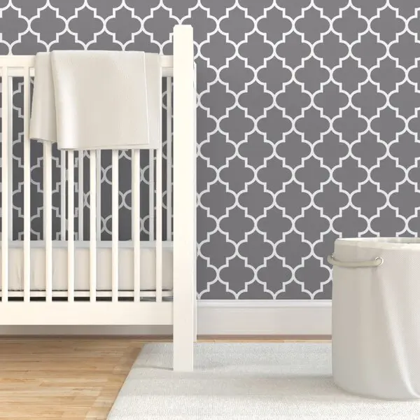 Spoonflower Grey Moroccan Lattice Trellis Quatrefoil Granite Custom Pre-pasted Wallpaper - Gray