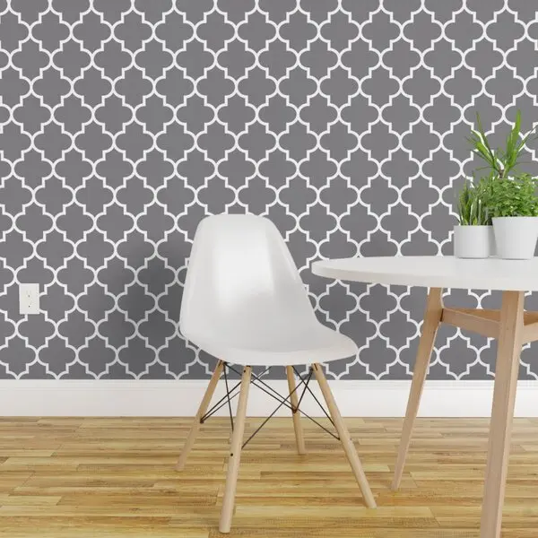 Spoonflower Grey Moroccan Lattice Trellis Quatrefoil Granite Custom Pre-pasted Wallpaper - Gray