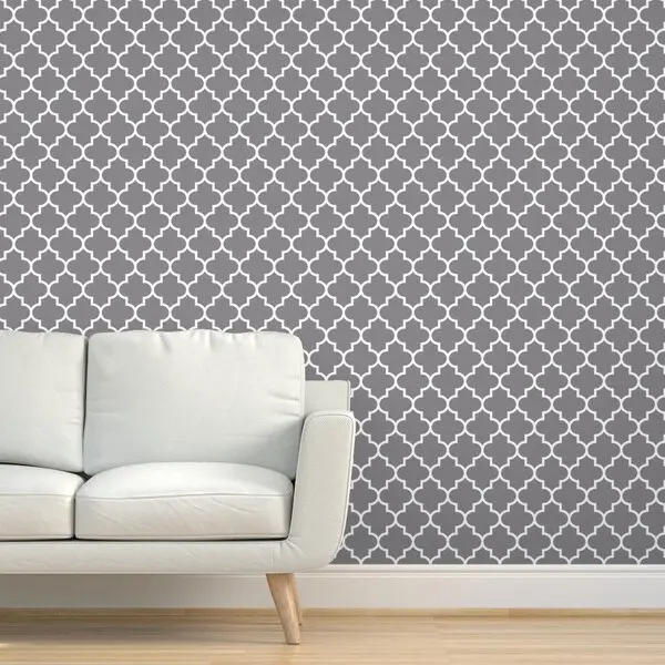 Spoonflower Grey Moroccan Lattice Trellis Quatrefoil Granite Custom Pre-pasted Wallpaper - Gray