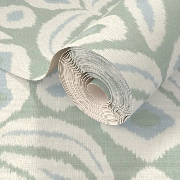 Spoonflower Soft Blue And Tree Green Ikat 100% Natural Sisal Grasscloth Wallcovering - Green,blue