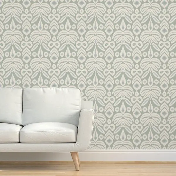 Spoonflower Soft Blue And Tree Green Ikat 100% Natural Sisal Grasscloth Wallcovering - Green,blue