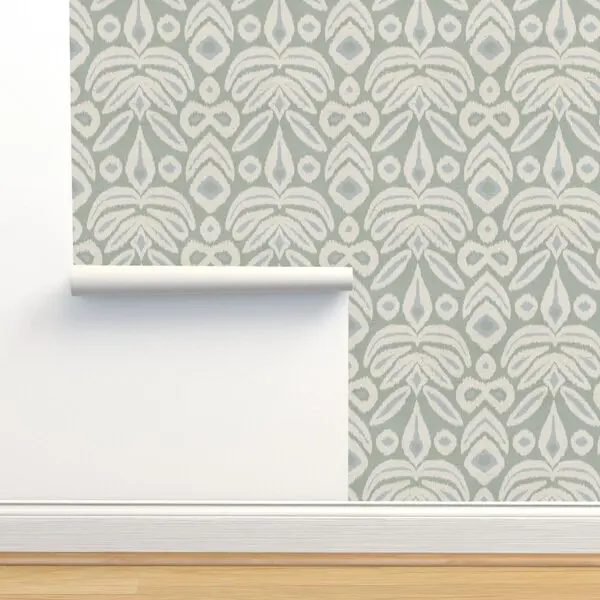 Spoonflower Soft Blue And Tree Green Ikat 100% Natural Sisal Grasscloth Wallcovering - Green,blue