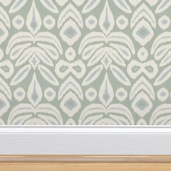 Spoonflower Soft Blue And Tree Green Ikat 100% Natural Sisal Grasscloth Wallcovering - Green,blue