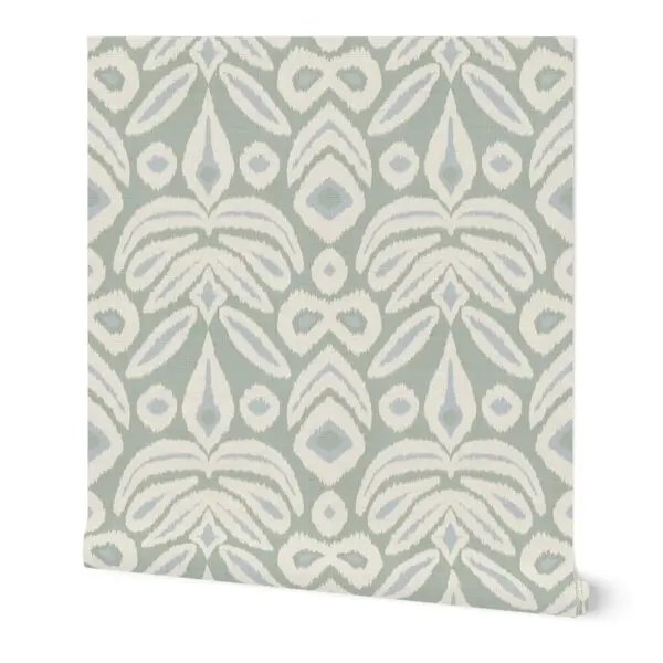 Spoonflower Soft Blue And Tree Green Ikat 100% Natural Sisal Grasscloth Wallcovering - Green,blue
