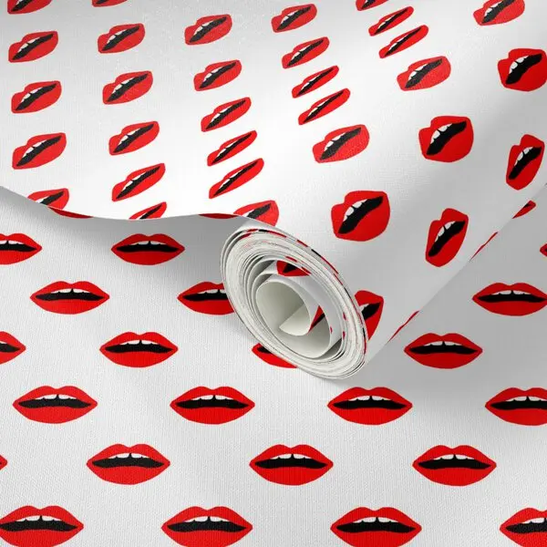 Spoonflower Red Lips On White Custom Pre-pasted Wallpaper - Red,white,brown