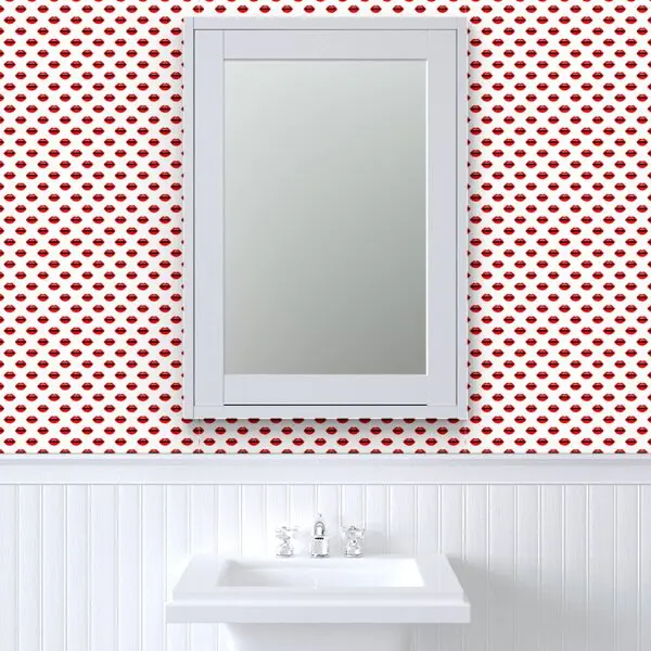 Spoonflower Red Lips On White Custom Pre-pasted Wallpaper